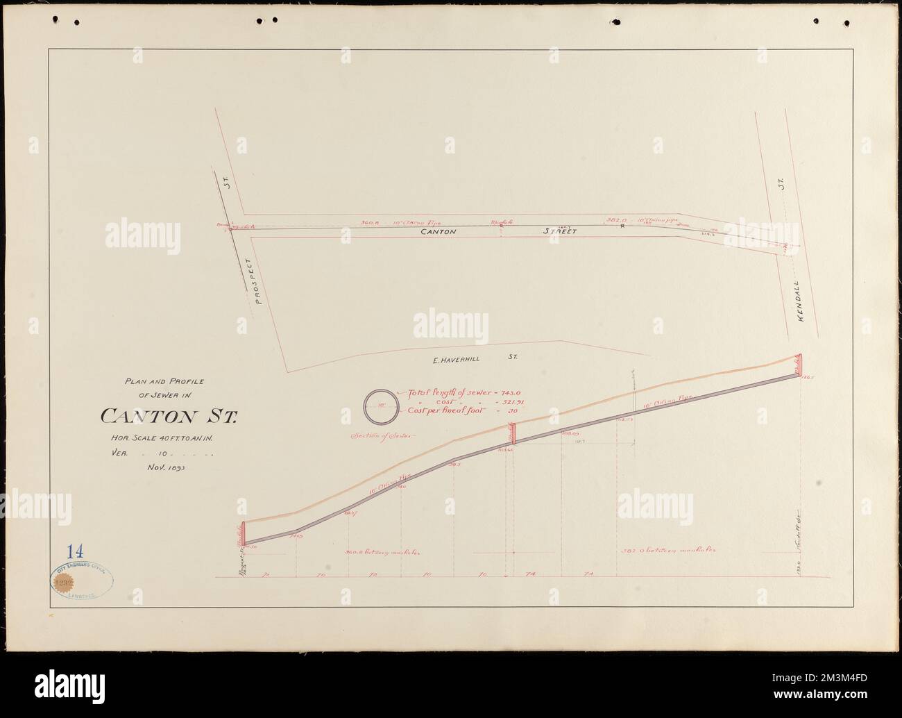 Plan and profile of sewer in Canton St. , Sewers, Streets. Lawrence ...