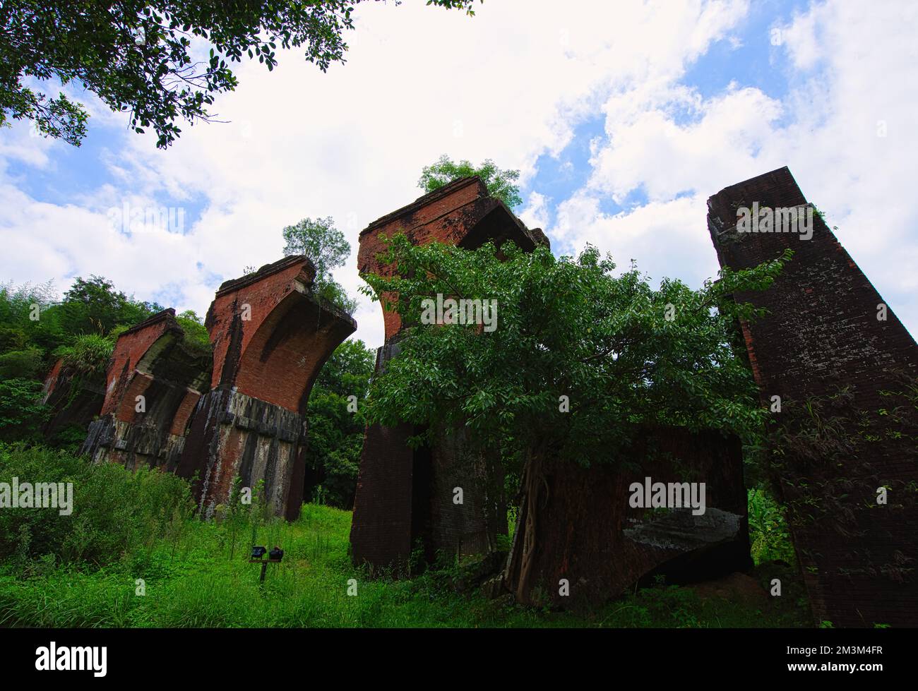 The appearance of the bridge pier is made of red bricks, is ancient and ...