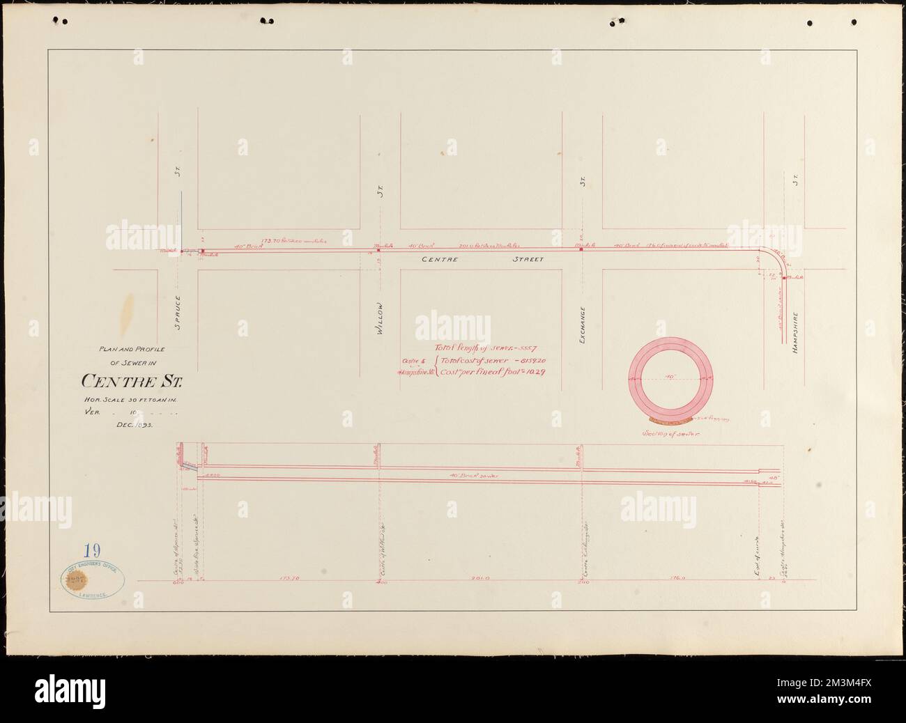 Plan and profile of sewer in Centre St. , Sewers, Streets. Lawrence ...