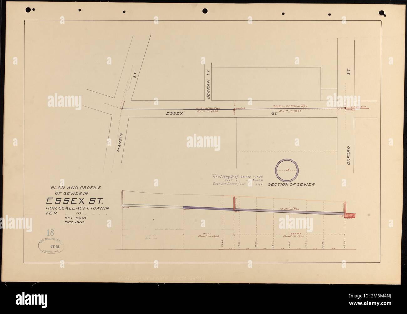 Plan and profile of sewer in Essex St. , Sewers, Streets. Lawrence ...