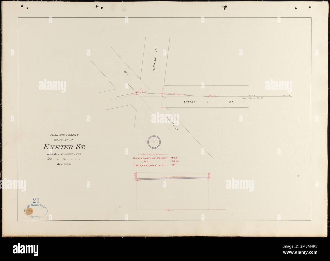 Plan and profile of sewer in Exeter St. , Sewers, Streets. Lawrence ...