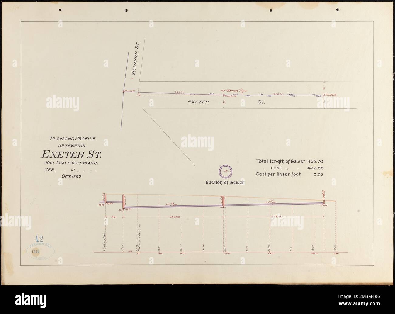 Plan and profile of sewer in Exeter St. , Sewers, Streets. Lawrence ...