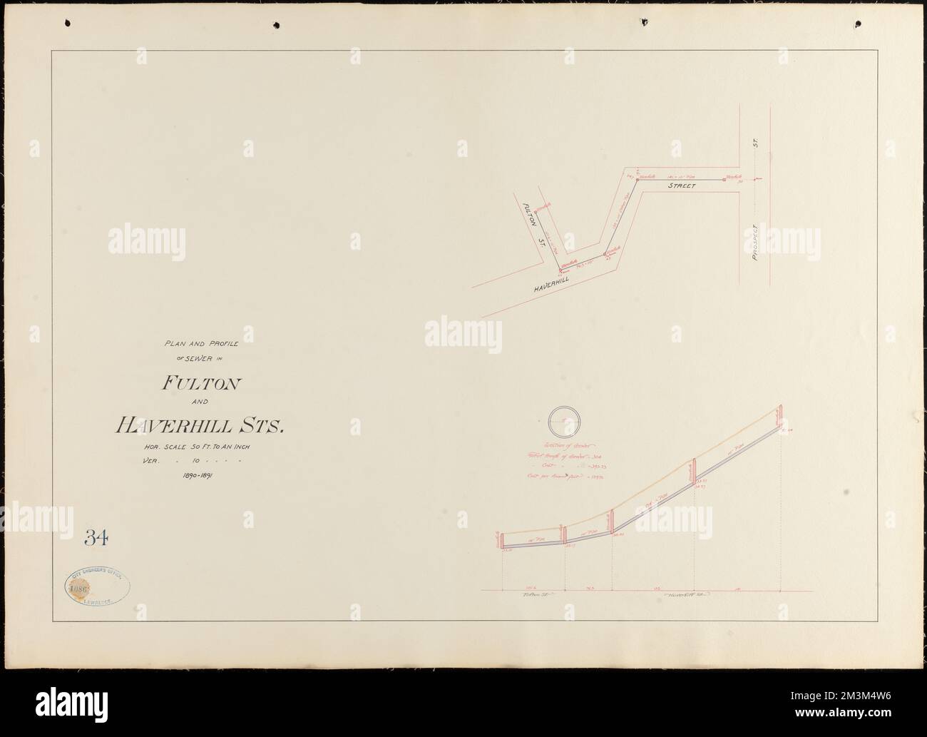 Plan and profile of sewer in Fulton and Haverhill Sts. , Sewers ...