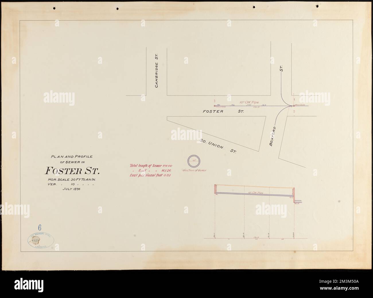 Plan and profile of sewer in Foster St. , Sewers, Streets. Lawrence ...