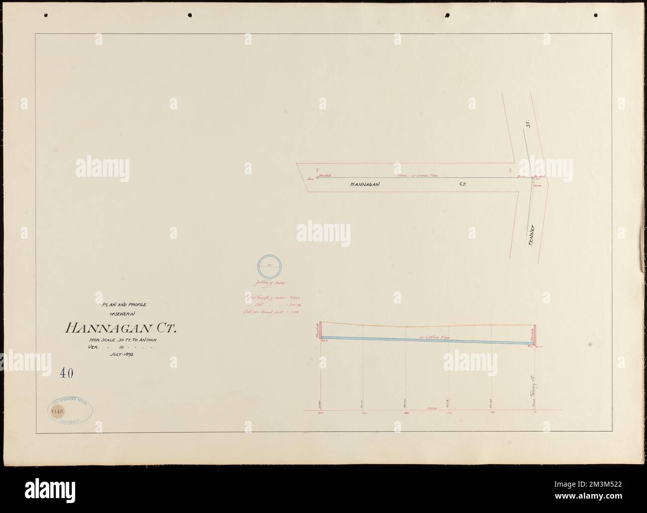 Plan and profile of sewer in Hannagan Ct. , Sewers, Streets. Lawrence ...