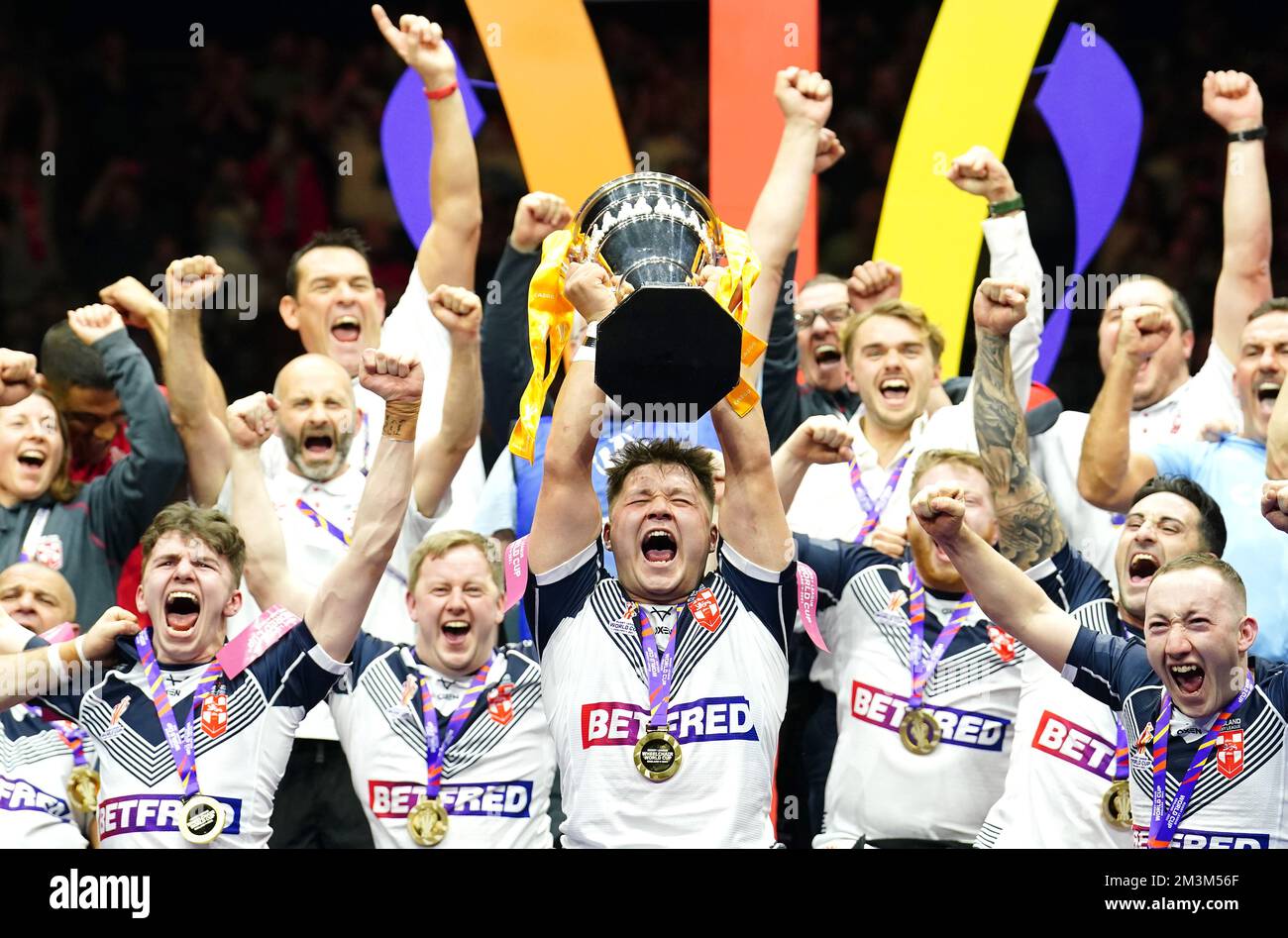 File photo dated 18-11-2022 of England's Tom Halliwell lifts the trophy ...
