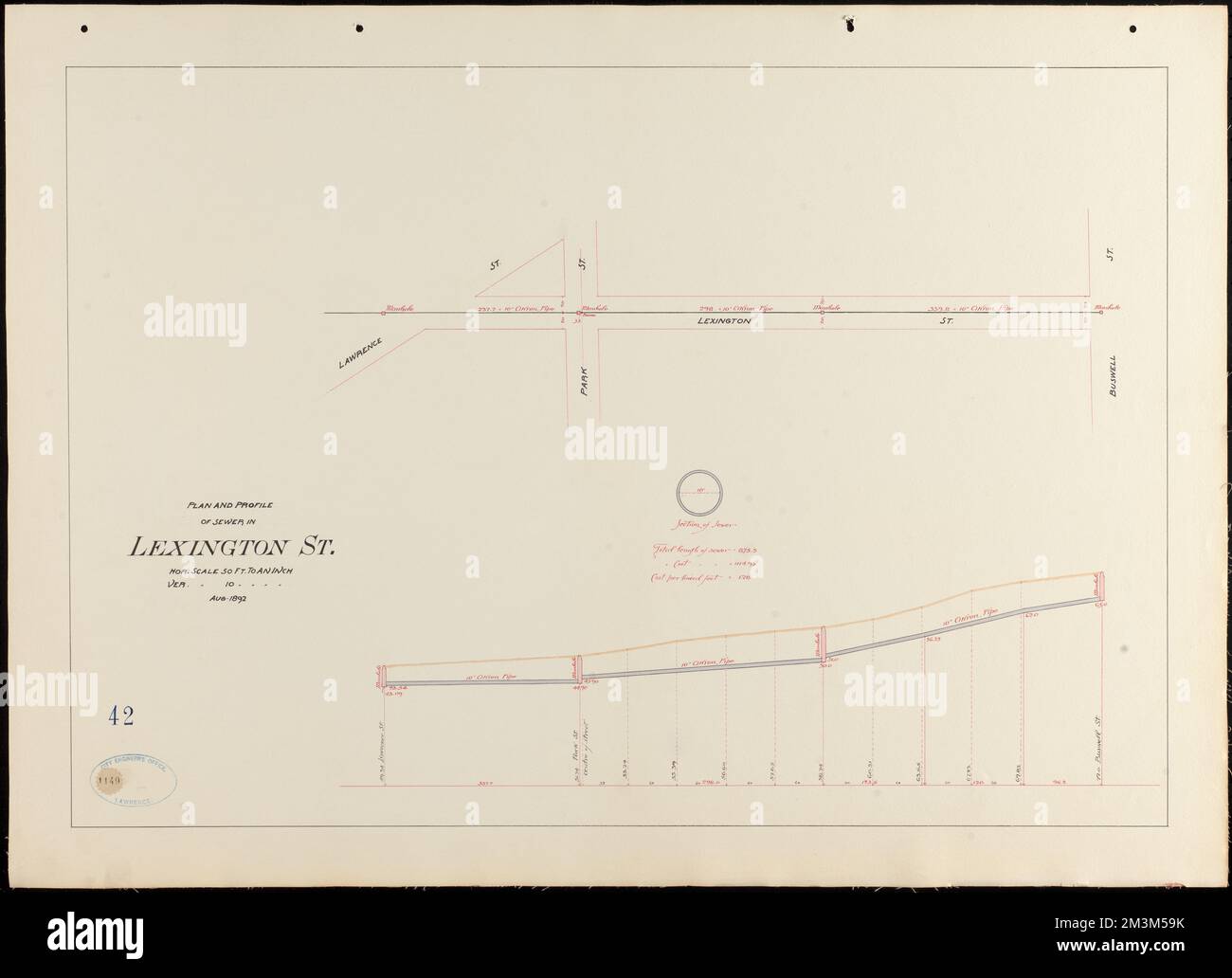 Plan and profile of sewer in Lexington St. , Sewers, Streets. Lawrence ...