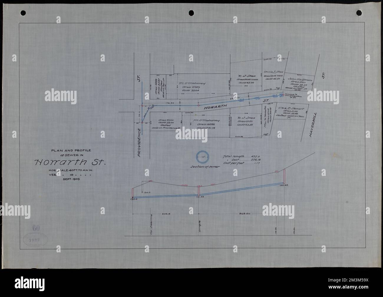 Plan and profile of sewer in Howarth St. , Sewers, Streets. Lawrence ...
