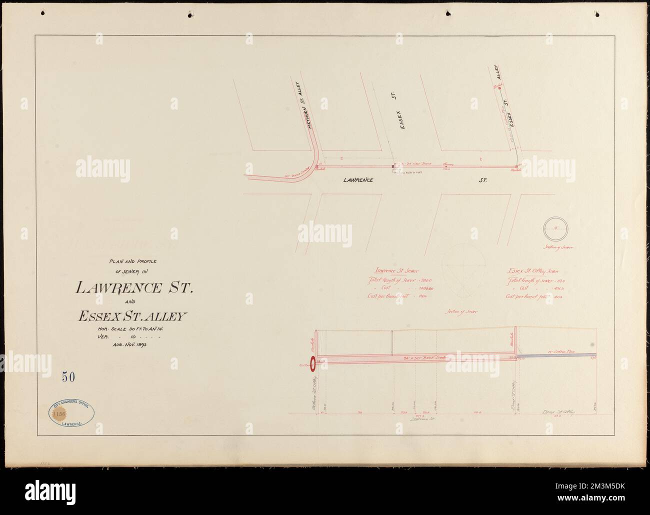 Plan and profile of sewer in Lawrence St. and Essex St. Alley , Sewers ...