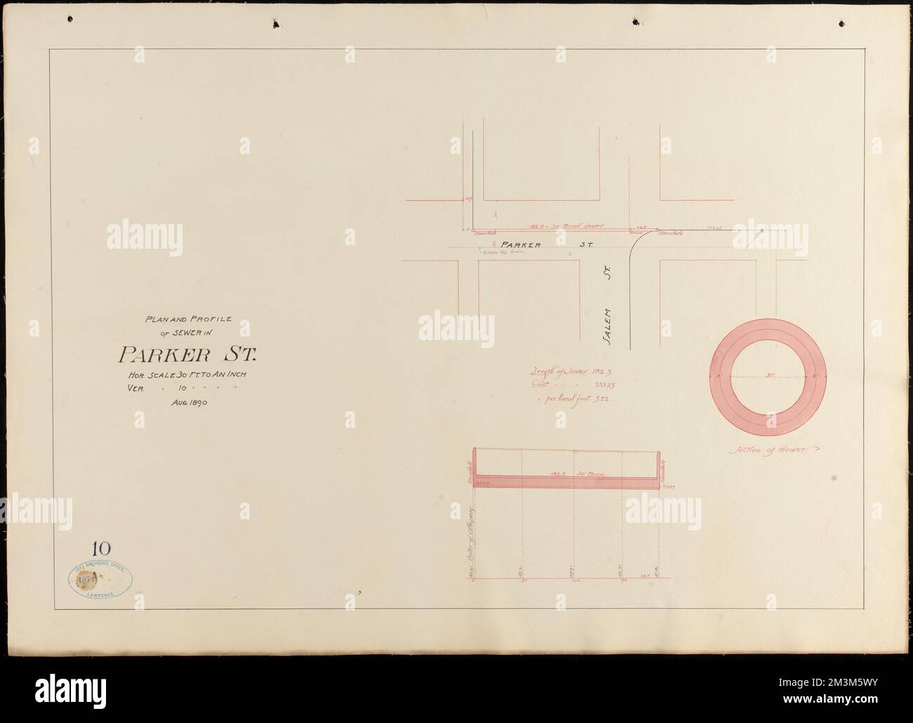 Plan and profile of sewer in Parker St. , Sewers, Streets. Lawrence ...