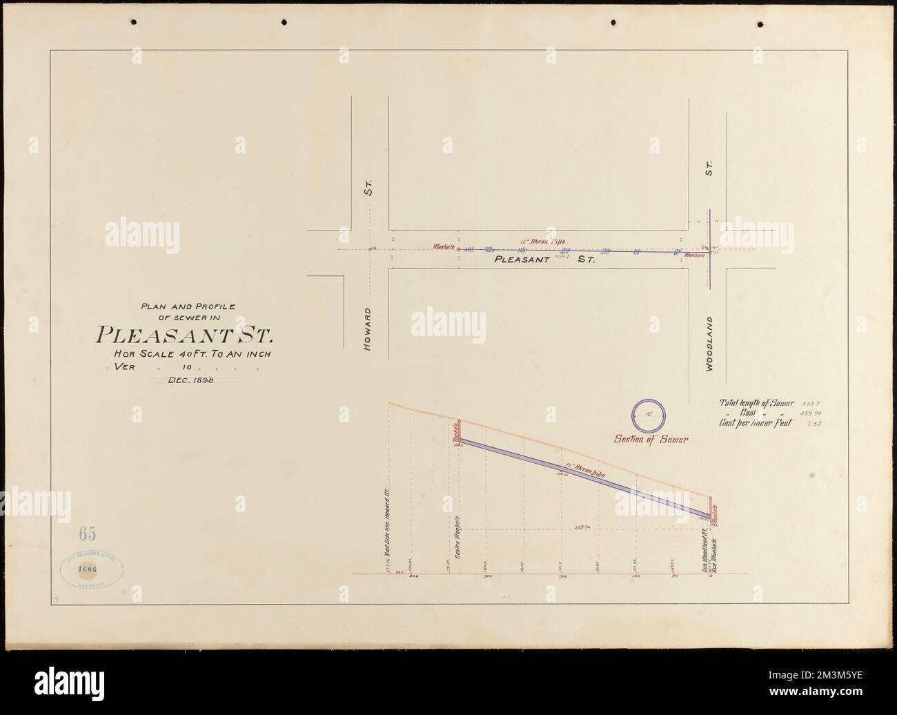 Plan and profile of sewer in Pleasant St. , Sewers, Streets. Lawrence ...