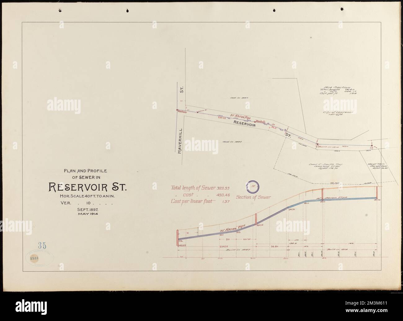 Plan and profile of sewer in Reservoir St. , Sewers, Streets. Lawrence ...