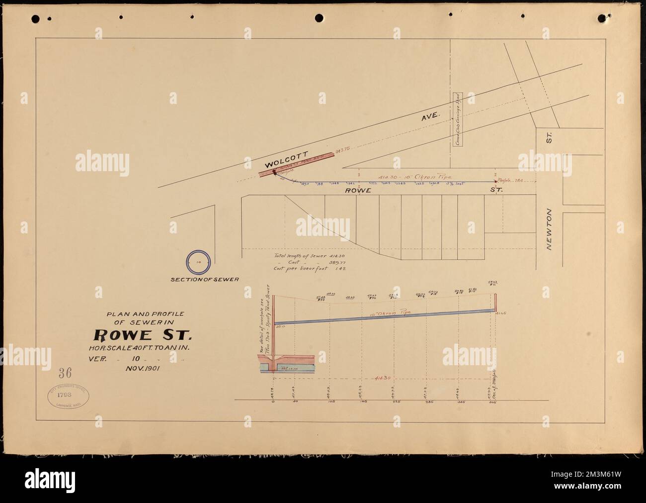 Plan and profile of sewer in Rowe St. , Sewers, Streets. Lawrence Stock ...