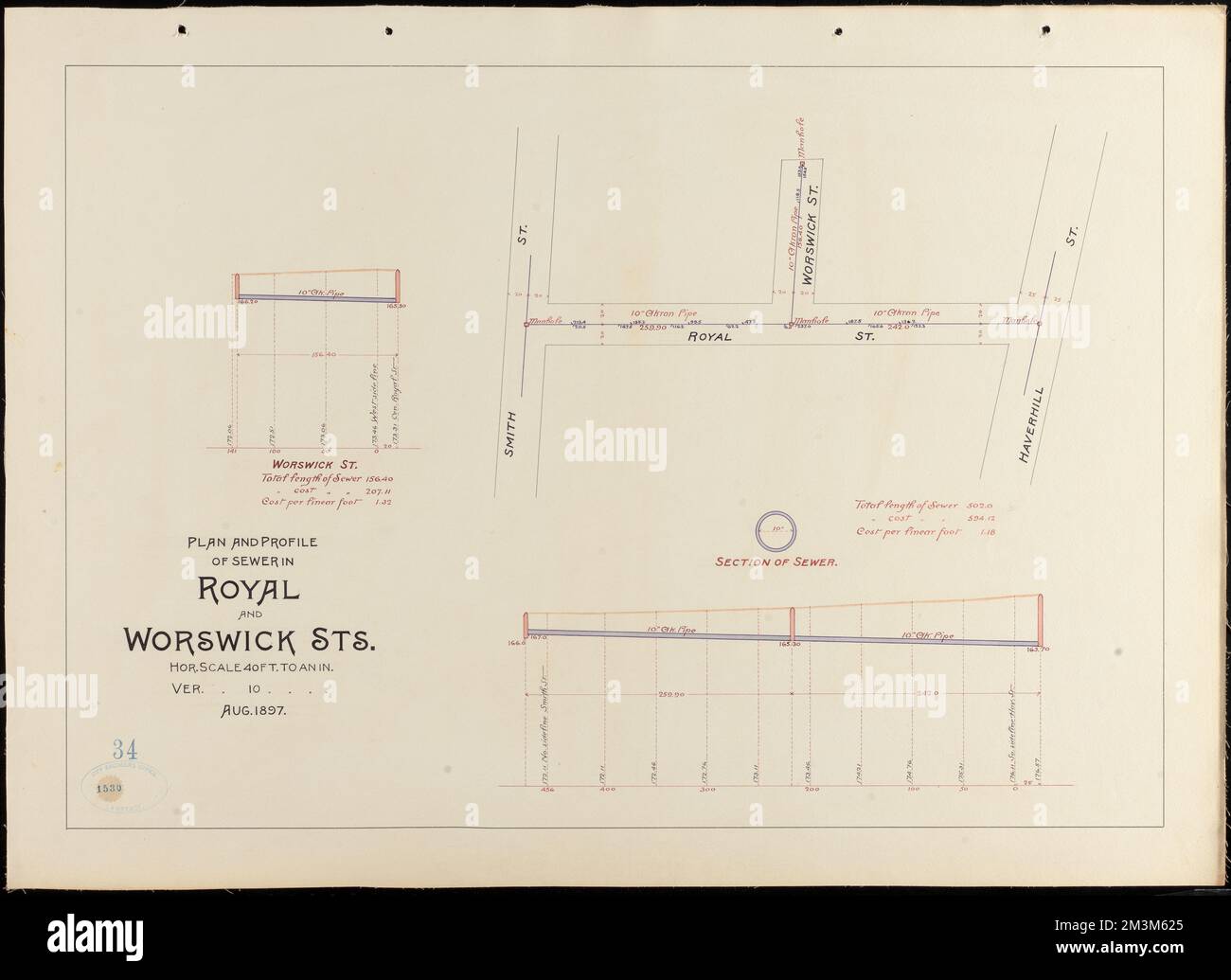 Plan and profile of sewer in Royal and Worswick Sts. , Sewers, Streets ...