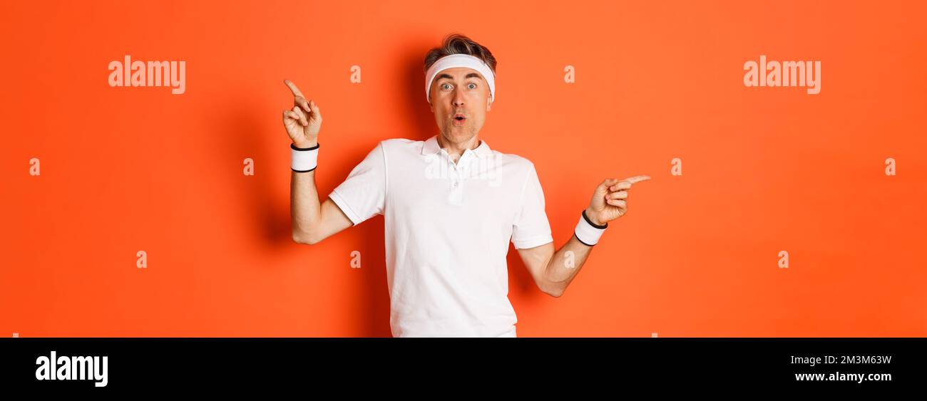 Concept of sport, fitness and lifestyle. Portrait of amazed and excited ...