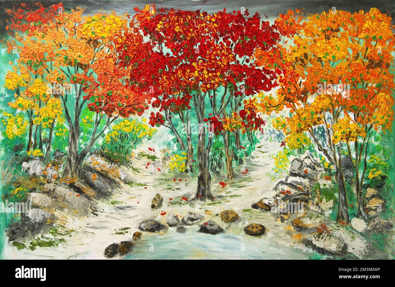 Oil painting of Fork in the path ofcolorful autumn forest Stock Photo ...