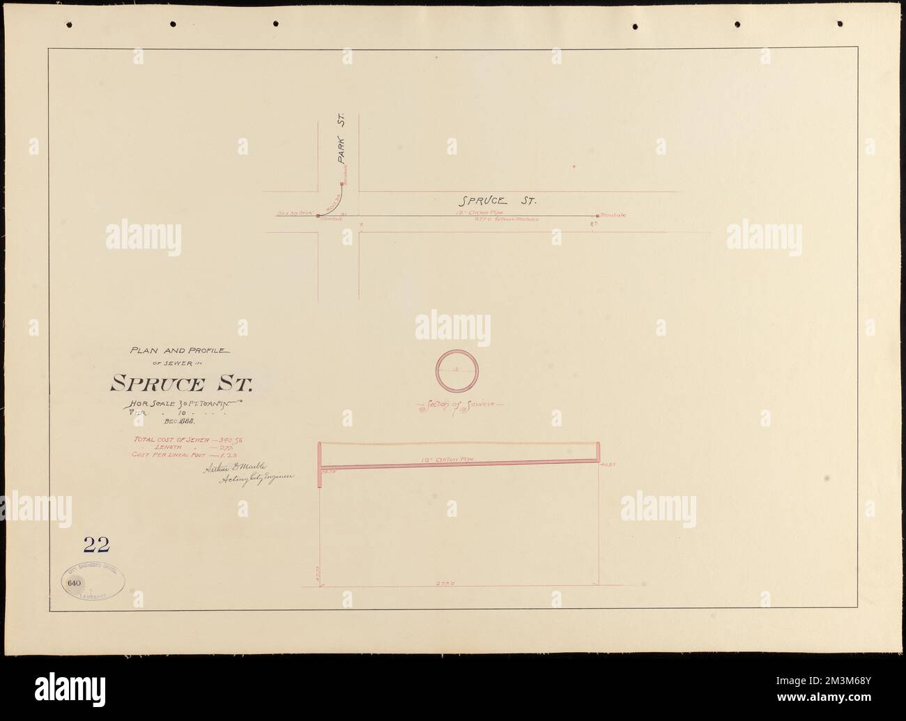 Plan and profile of sewer in Spruce St. , Sewers, Streets. Lawrence ...