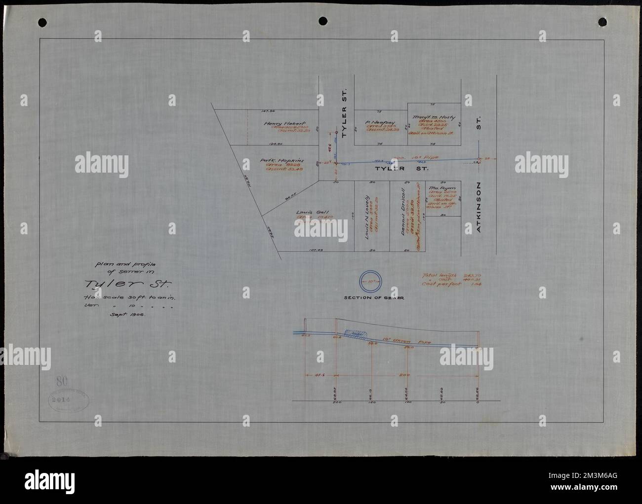 Plan and profile of sewer in Tyler St. , Sewers, Streets. Lawrence ...