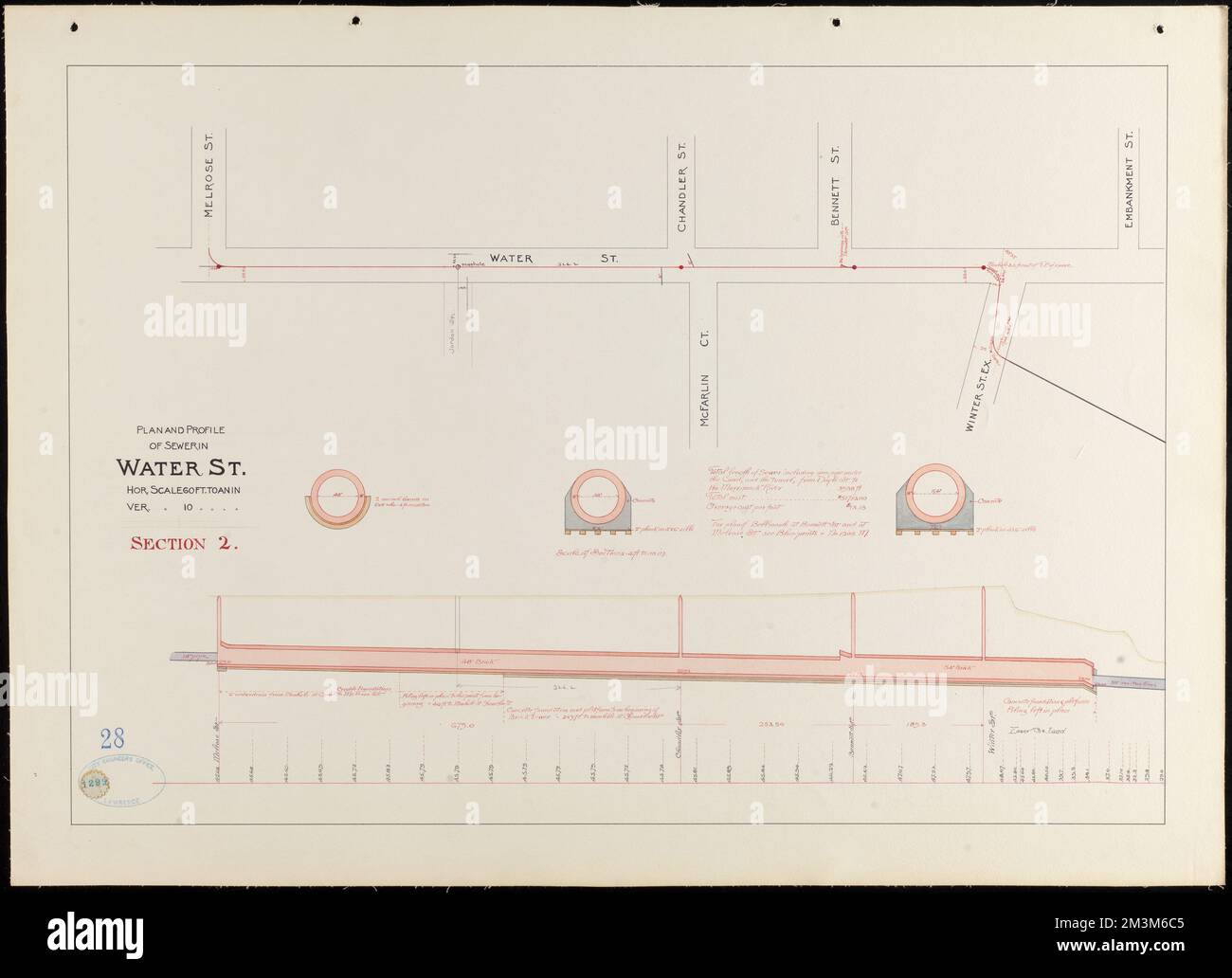 Plan and profile of sewer in Water St., section 2 , Sewers, Streets ...