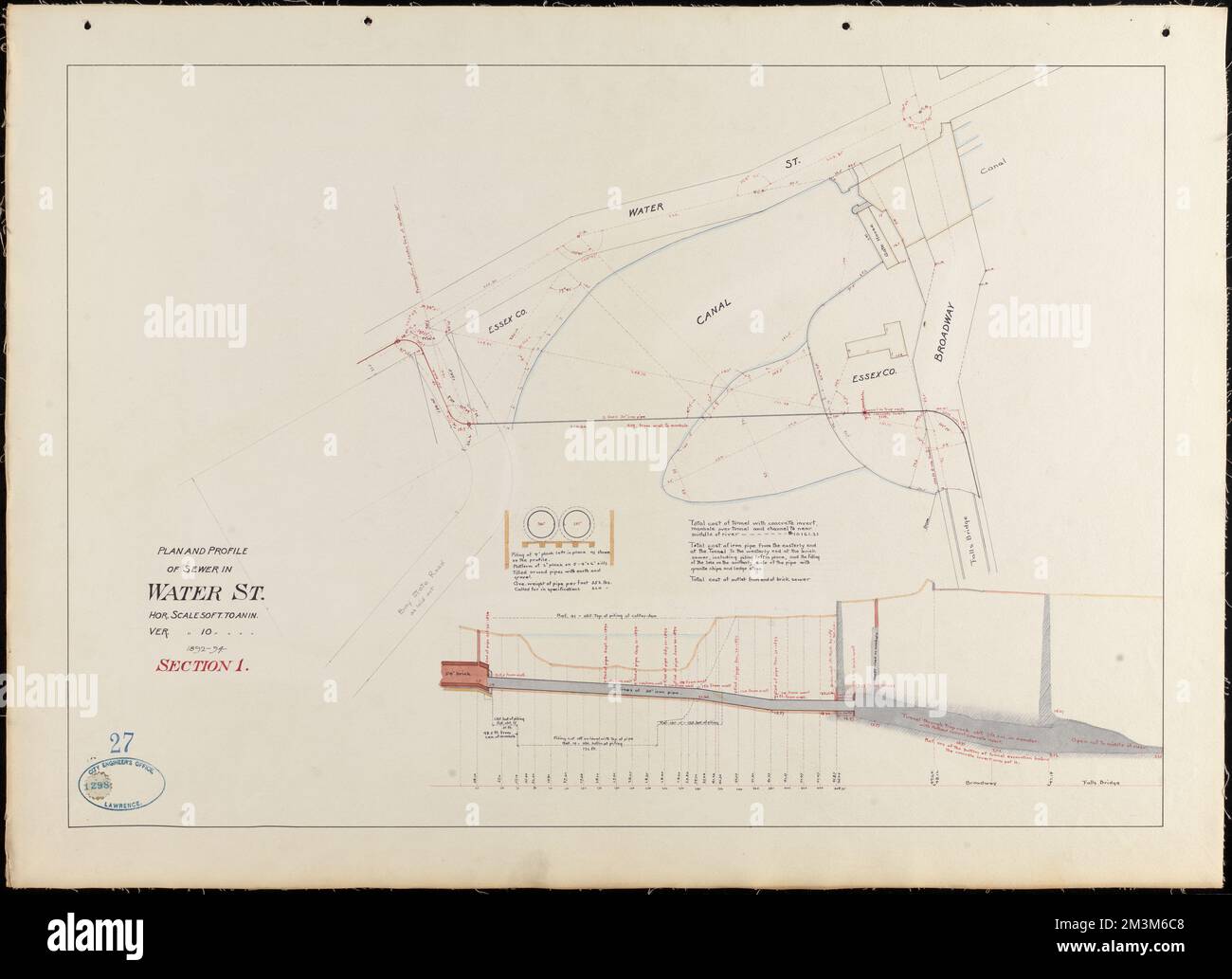 Plan and profile of sewer in Water St., section 1 , Sewers, Streets ...