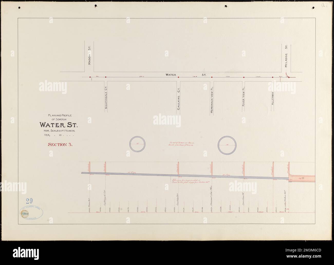 Plan and profile of sewer in Water St., section 3 , Sewers, Streets ...