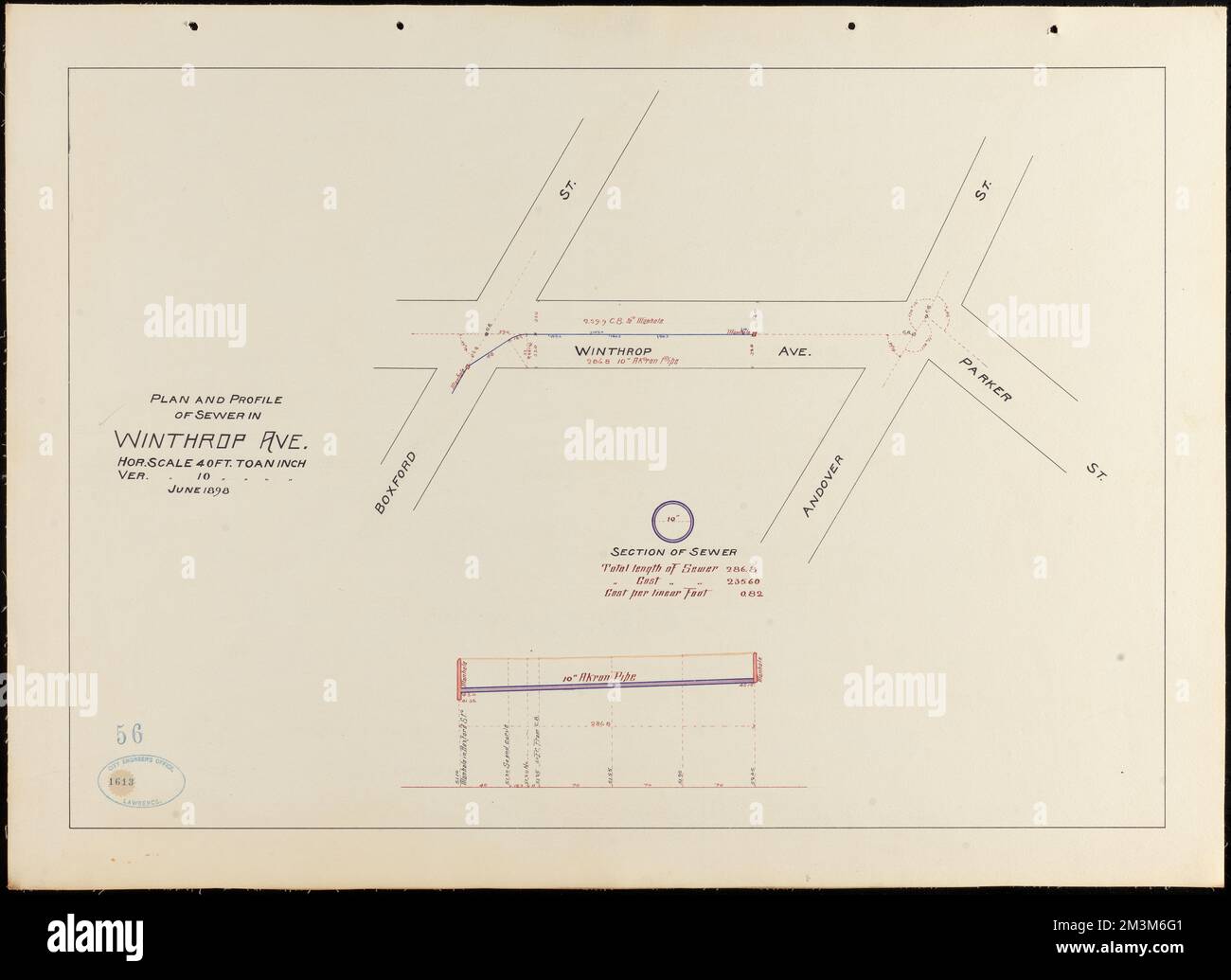 Plan and profile of sewer in Winthrop Ave. , Sewers, Streets. Lawrence ...