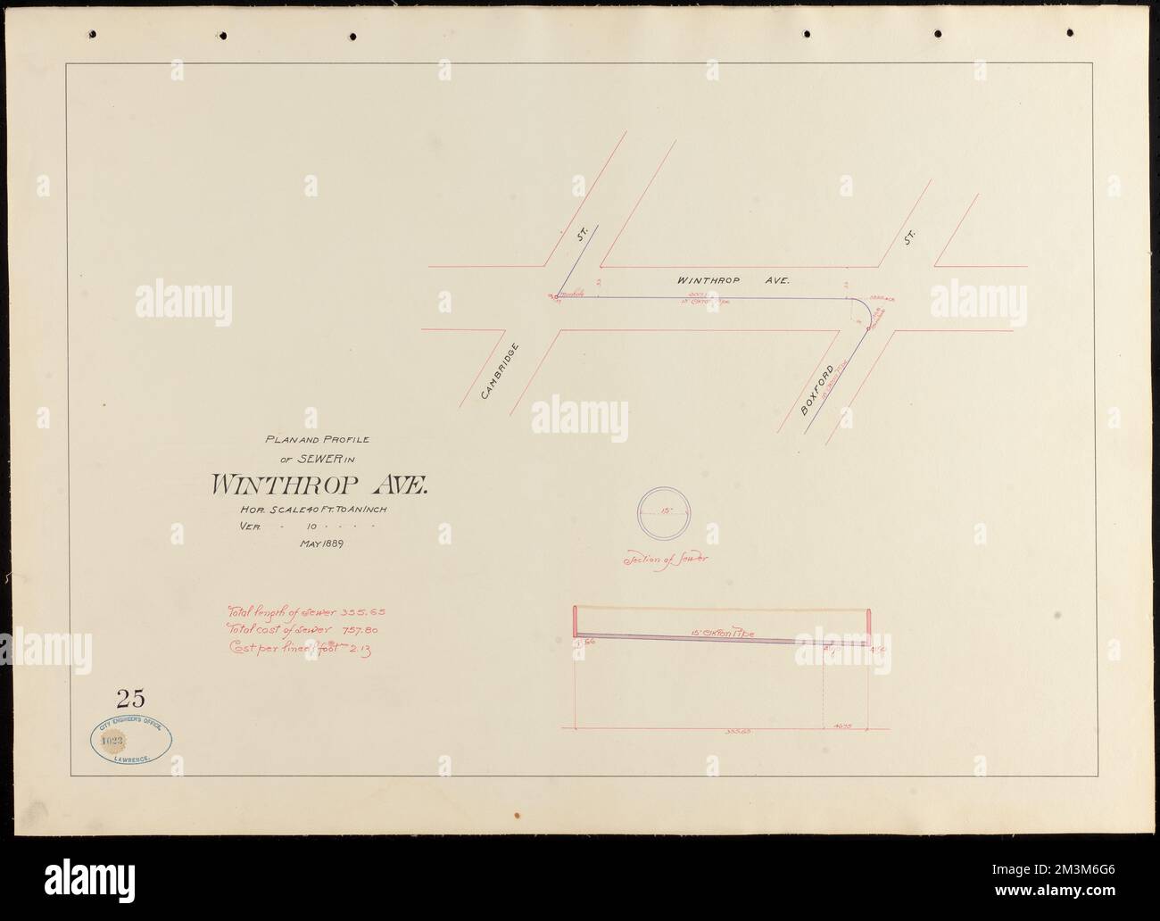 Plan and profile of sewer in Winthrop Ave. , Sewers, Streets. Lawrence ...
