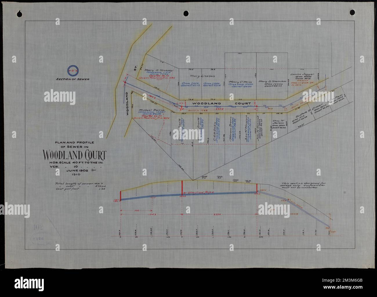 Plan and profile of sewer in Woodland Court , Sewers, Streets. Lawrence ...