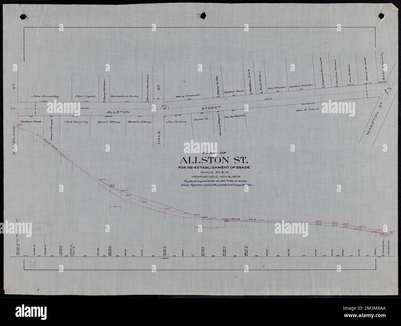 Plan of Allston St. for re-establishment of grade , Streets. Lawrence ...
