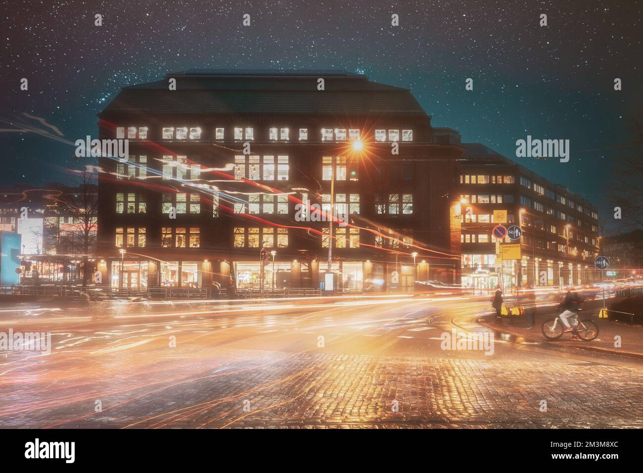 Helsinki, Finland. Bright Blue Starry Sky Above Buildings On Corner Of ...