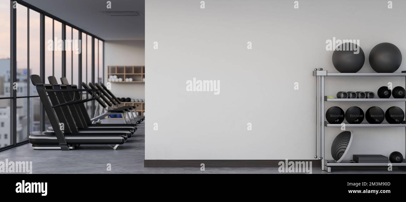 Modern fitness on the building interior design with treadmill running ...