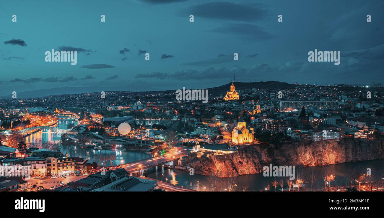 Tbilisi, Georgia. panorama night dusk evening Top View Of Famous ...
