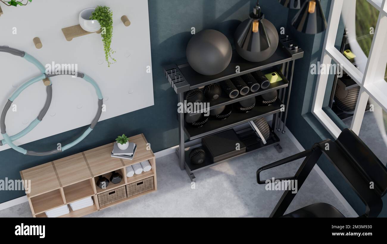 Top view, Modern stylish fitness gym room interior design with sports ...