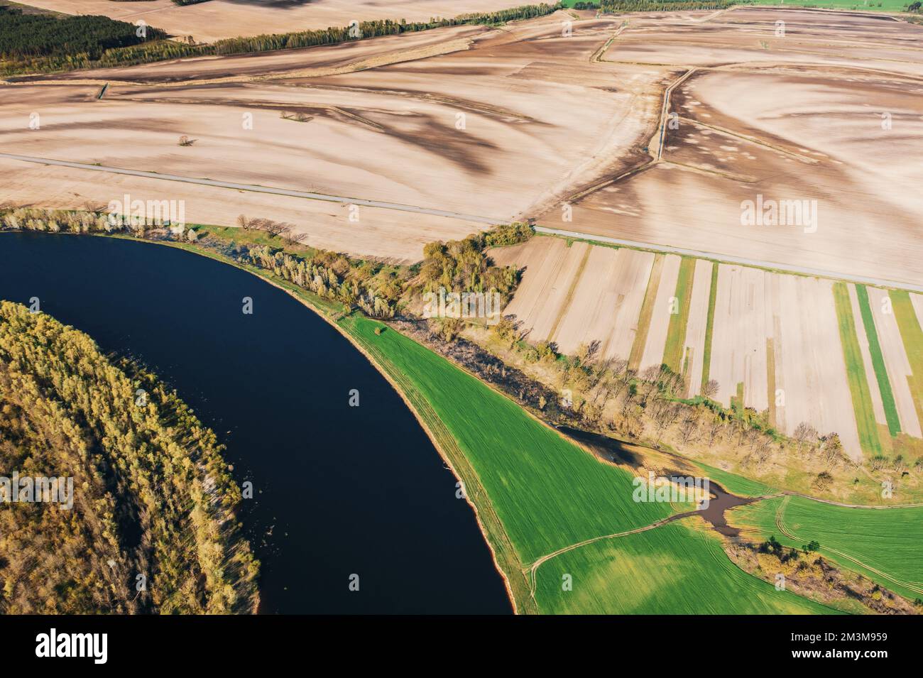 Aerial View Fields And River Landscape In Sunny Spring Summer Day. Top ...