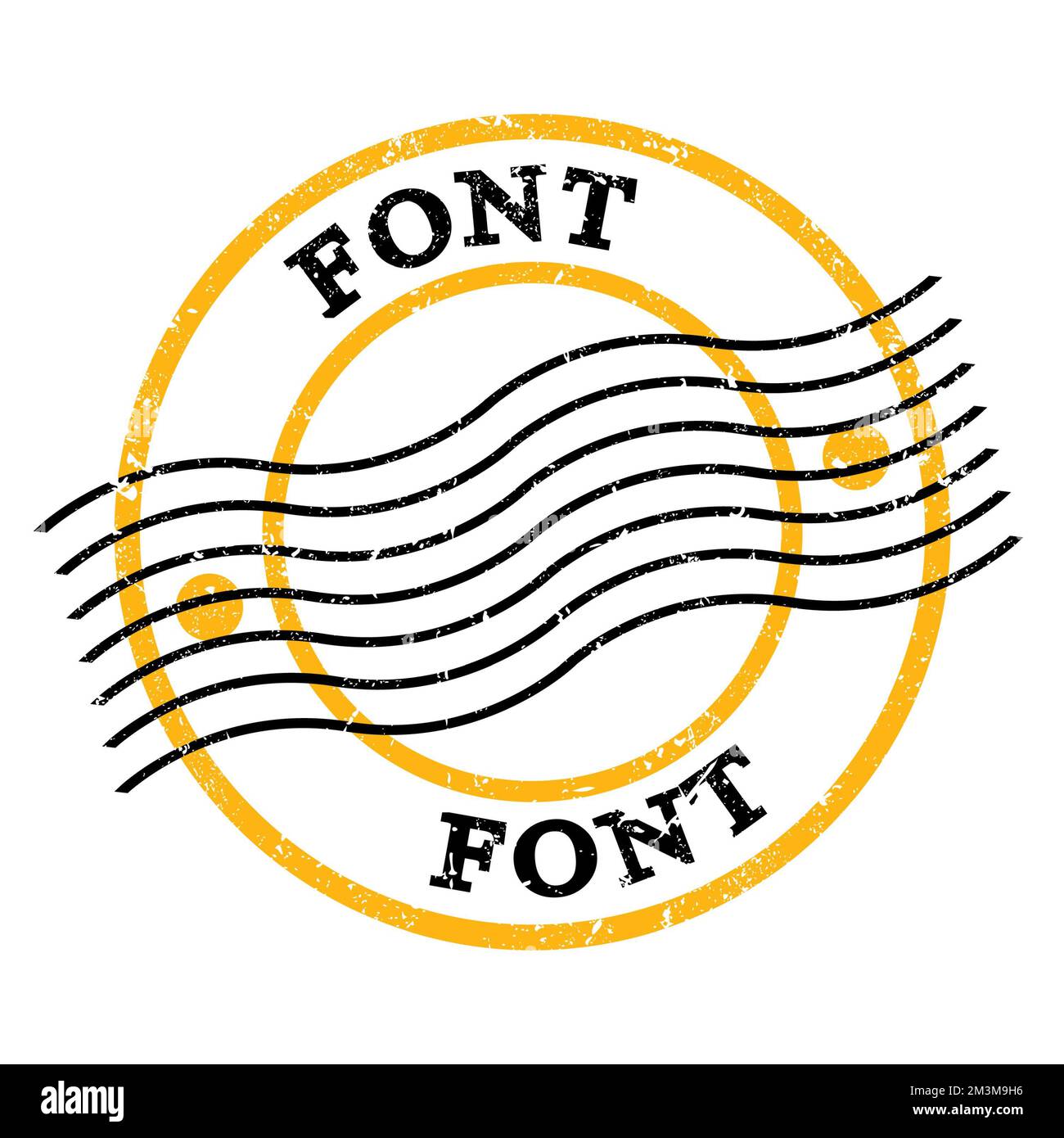 FONT, text written on yellow-black grungy postal stamp Stock Photo - Alamy