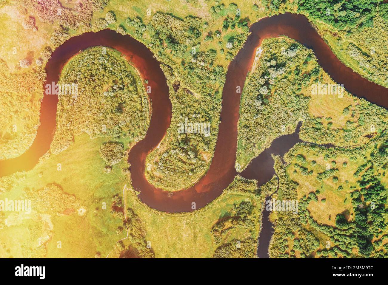 Aerial View Of Summer Curved River Landscape. Top View Of Beautiful ...