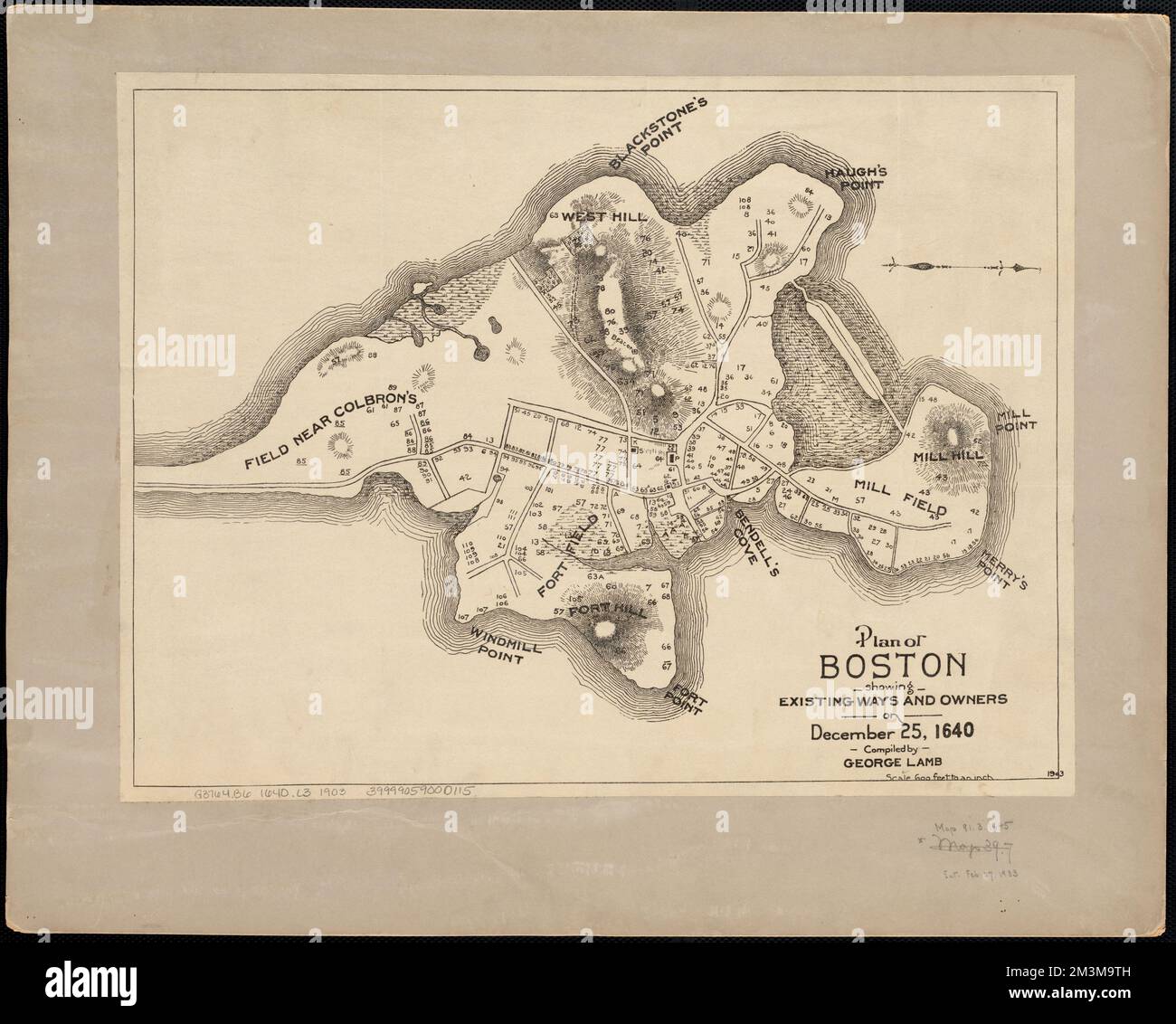 Plan of Boston showing existing ways and owners on December 25, 1640 , Homeowners, Massachusetts ...