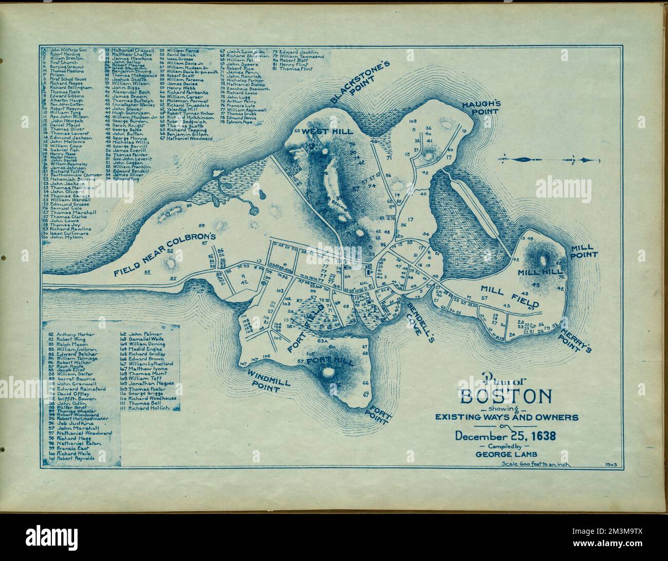 Plan of Boston showing existing ways and owners on December 25, 1638 ...