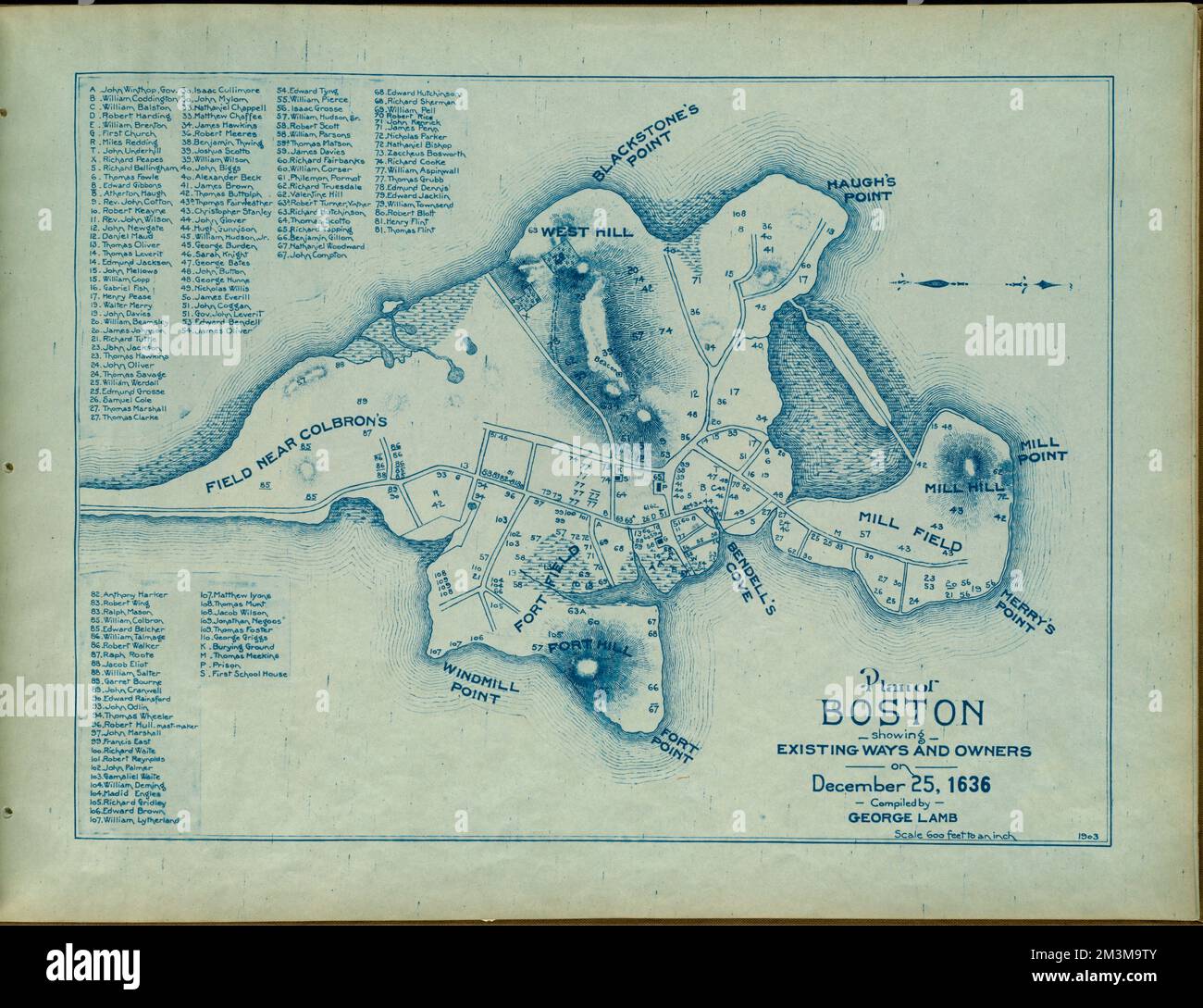 Plan of Boston showing existing ways and owners on December 25, 1636 ...