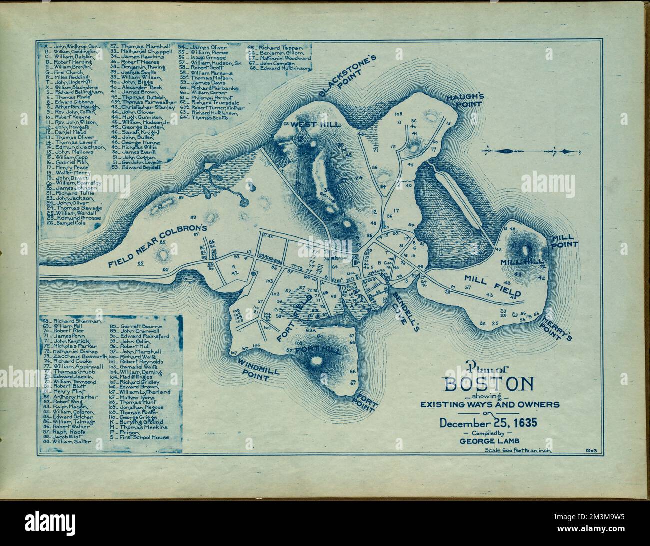 Plan of Boston showing existing ways and owners on December 25, 1635 ...