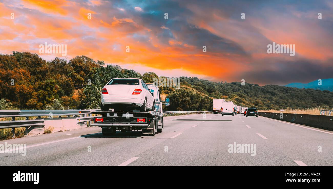 Tow Truck Transporting Car Or Help On Road Transports Wrecker Broken ...