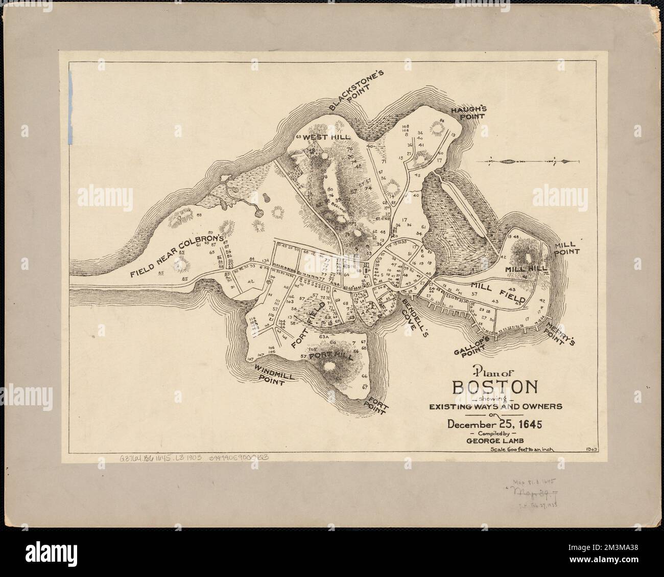 Plan of Boston showing existing ways and owners on December 25, 1645 , Landowners, Massachusetts ...