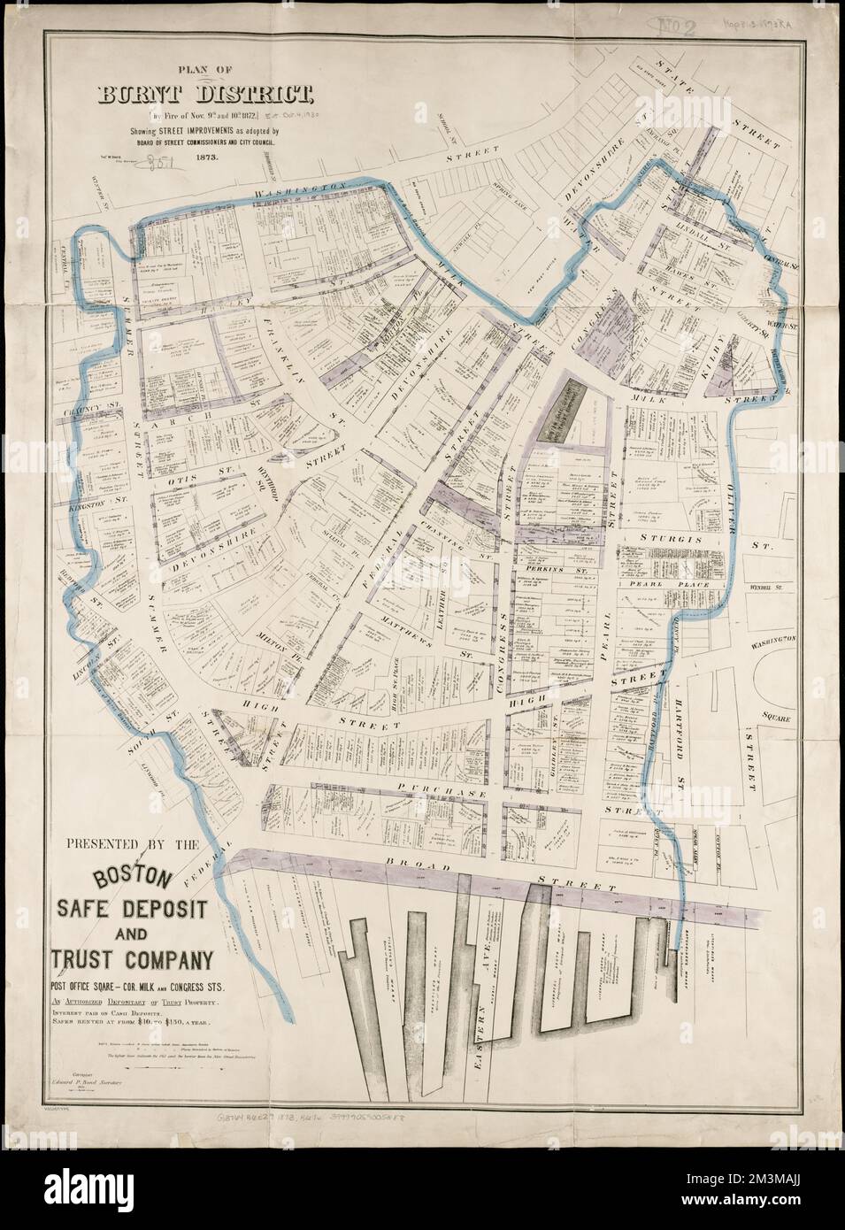 Plan of burnt district, by fire of Nov. 9th and 10th 1872 : showing street improvements as ...