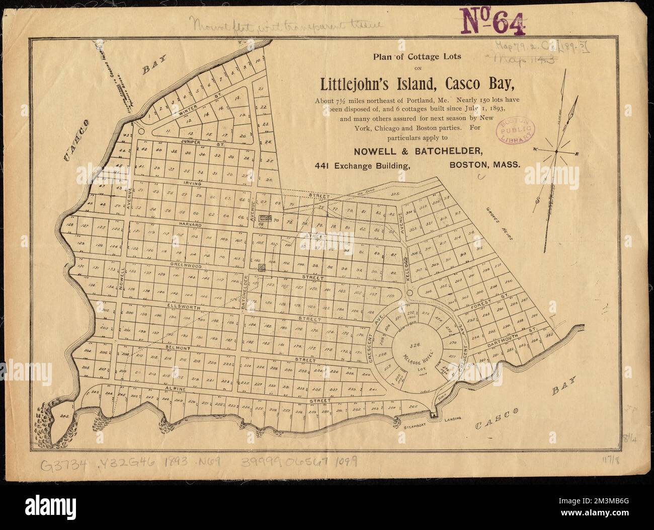 Plan of cottage lots on Littlejohn's Island, Casco Bay, about 7 1/2 ...
