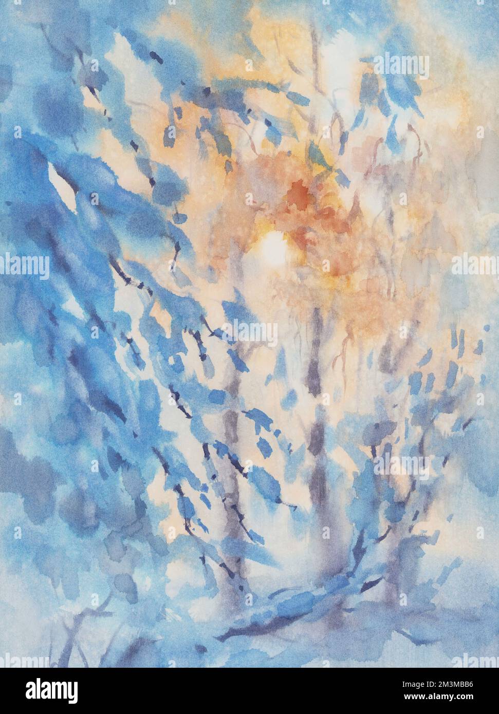 Winter landscape with frozen tree and snow. Watercolor illustration ...