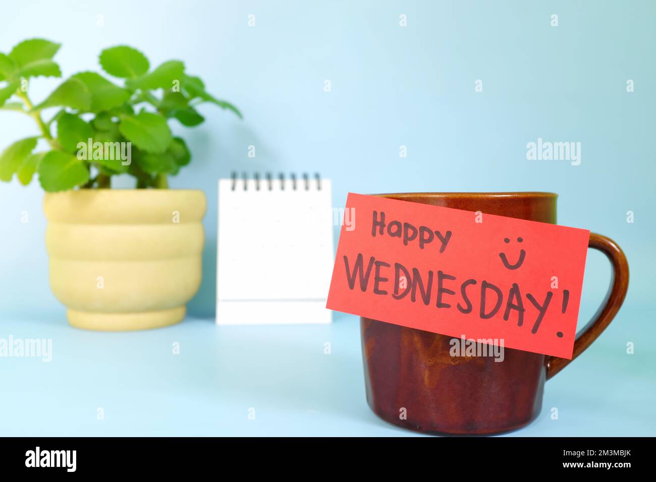 Welcome, hello and happy Wednesday concept. Selective focus of coffee ...