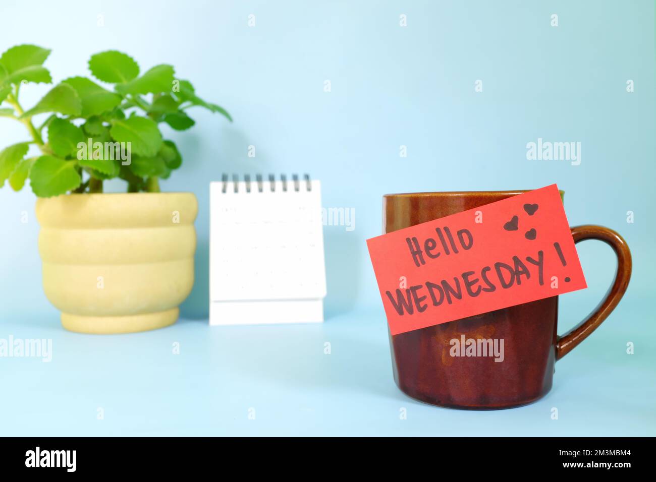 Welcome, hello and happy Wednesday concept. Selective focus of coffee ...