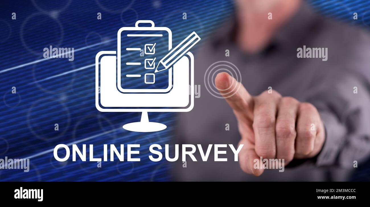 Man touching an online survey concept on a touch screen with his finger ...