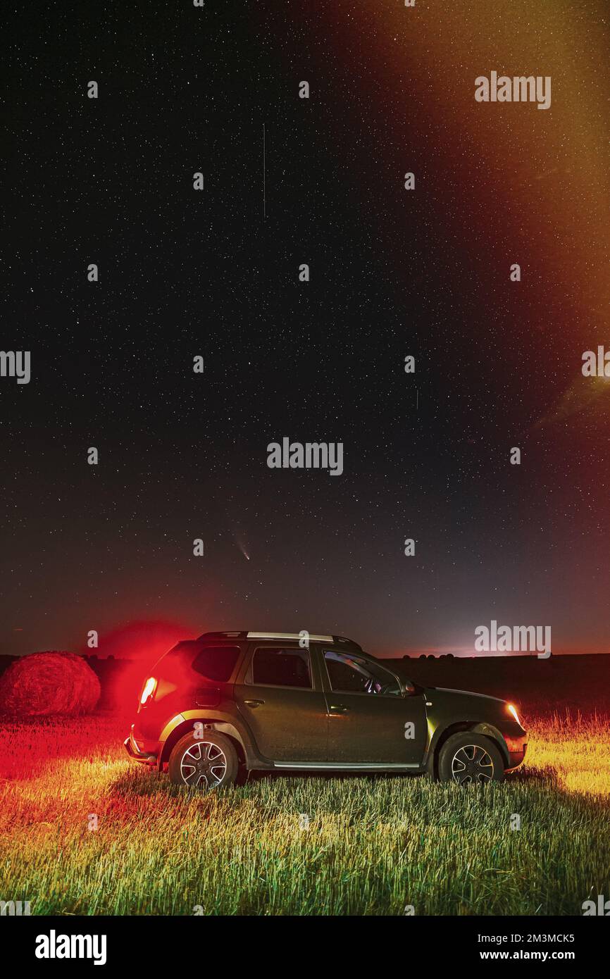 Comet Neowise C2020 F3 In Night Starry Sky Above Car Suv In Summer ...