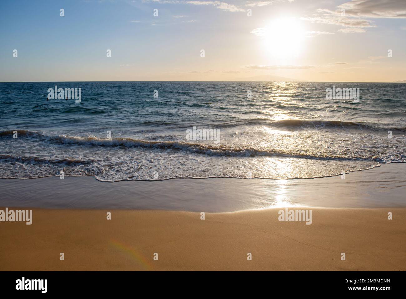 Sunset. Blue ocean wave on sandy beach. Beach in sunset summer time ...